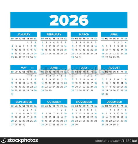 2026 Simple Vector Calendar. Weeks start on Sunday. Blue color. Simple ...