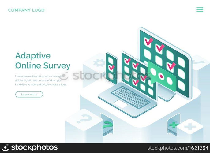Adaptive online survey isometric landing page. Checklist questionnaire ...