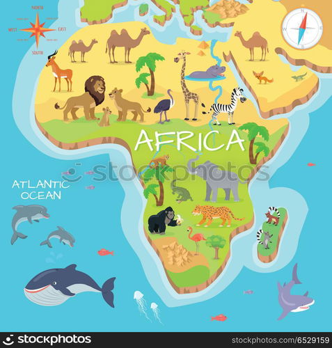 Africa mainland cartoon map with local fauna. Cute african animals flat ...