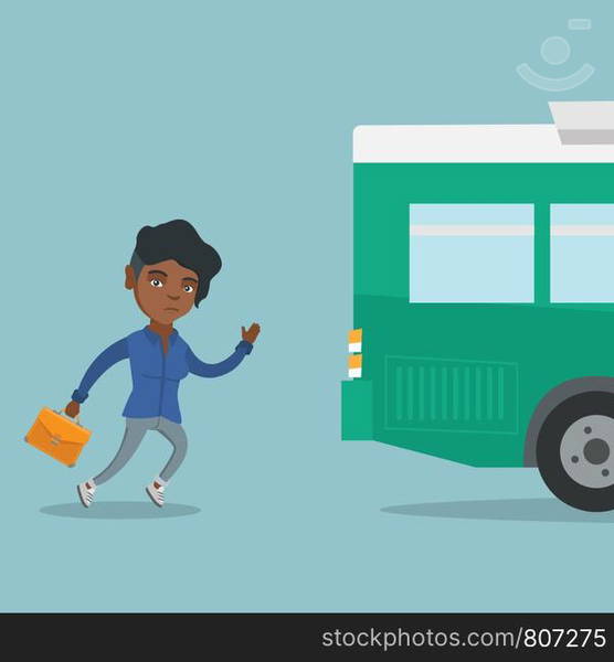 African-american business woman running for an outgoing bus. Young ...