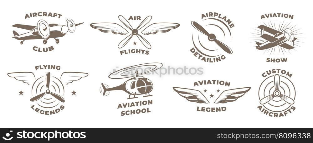 Airplanes badges. Aviators symbols propellers wings of airplanes exact ...