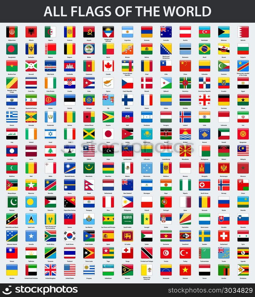 All flags of the world in alphabetical order. Square glossy style ...