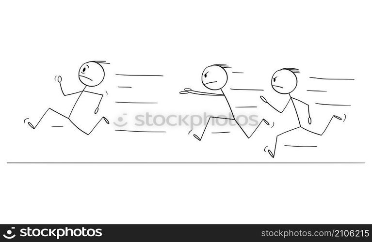 Angry men chasing running person , vector cartoon stick figure or ...