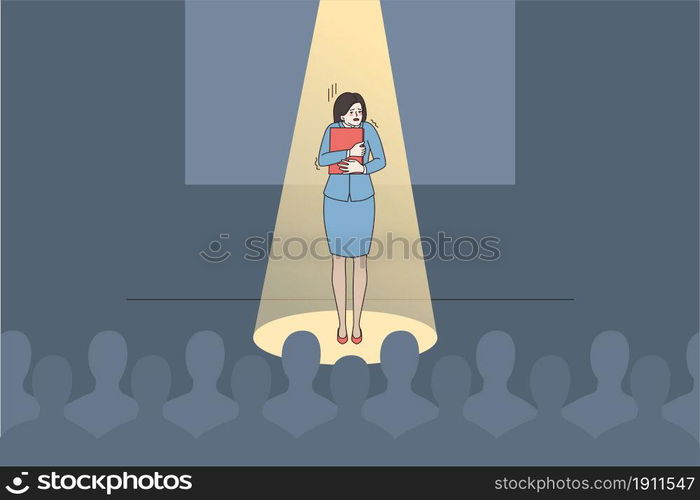 Anxious young woman speaker or presenter feel scared nervous of public ...