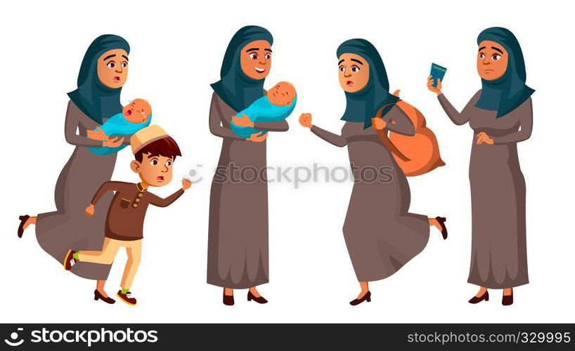 Arab, Muslim Teen Girl Poses Set Vector. Refugee, War, Bomb, Explosion ...