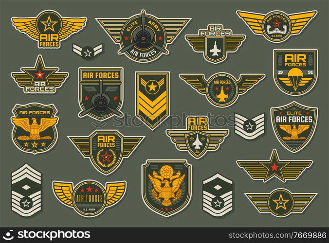 Army air forces, airborne units badges and winged chevrons with plane ...