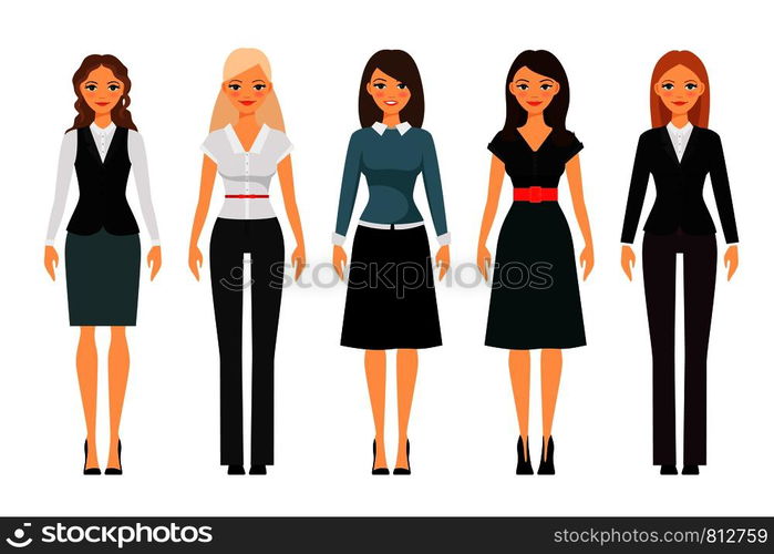 Beautiful women in different style clothes vector icons on white ...