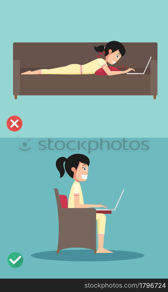 Best and worst positions for use laptop, illustration, vector ...