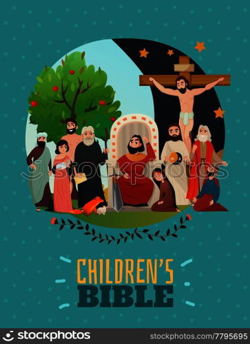 Bible story poster with children bible symbols flat vector illustration ...
