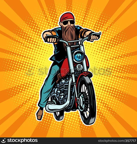 Biker bearded man on a motorcycle. Comic cartoon pop art vector retro ...