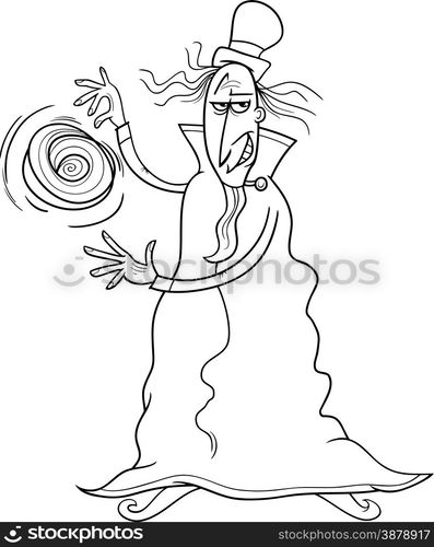 Black and White Cartoon illustration of Fantasy Evil Wizard or Sorcerer ...