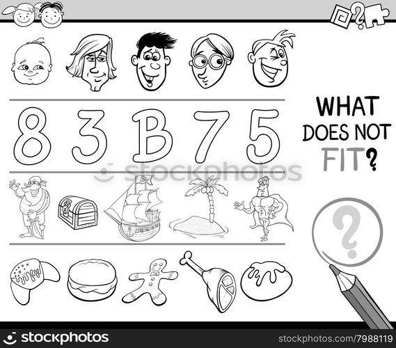 Black and White Cartoon Illustration of Finding Wrong Item in the Row ...