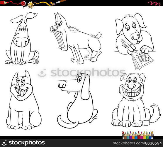 Black and white cartoon illustration of funny dogs comic animal ...
