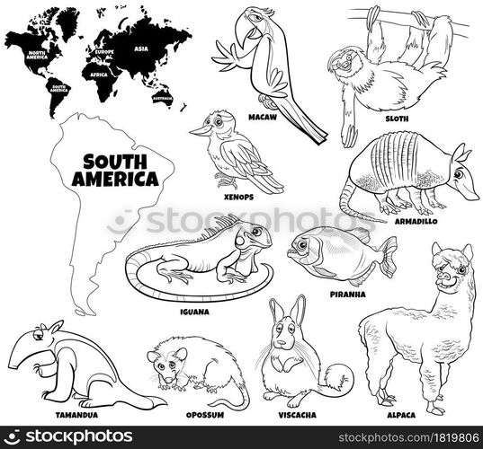 Black and white educational cartoon illustration of South American ...