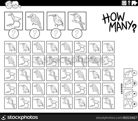 Black and white illustration of educational counting game with cartoon ...