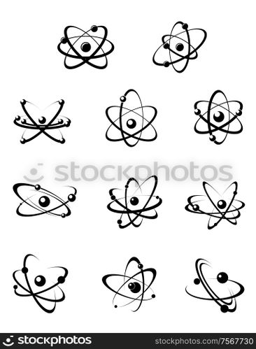 Black and white vector atomic structures of orbiting electrons around a ...