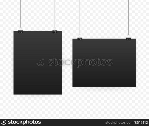Black poster hanging on binder. Grey wall with mock up empty paper ...