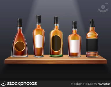 Brandy cognac whiskey glass bottles composition of realistic images ...