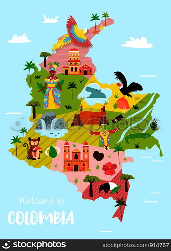 Bright illustrated map of Colombia with symbols, icons, famous ...