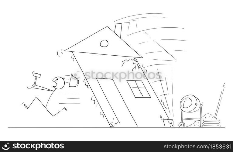 Builder or construction worker running away from collapsing house ...