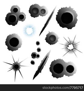 Bullet shot holes realistic set of isolated images with various ...