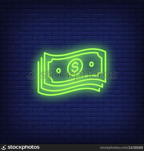 Bundle of dollar bills neon sign. Money, finance and banking concept ...