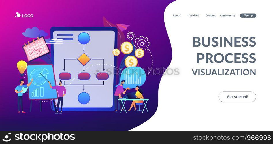 Businessmen work with improvement diagrams and charts. Business process management, business ...