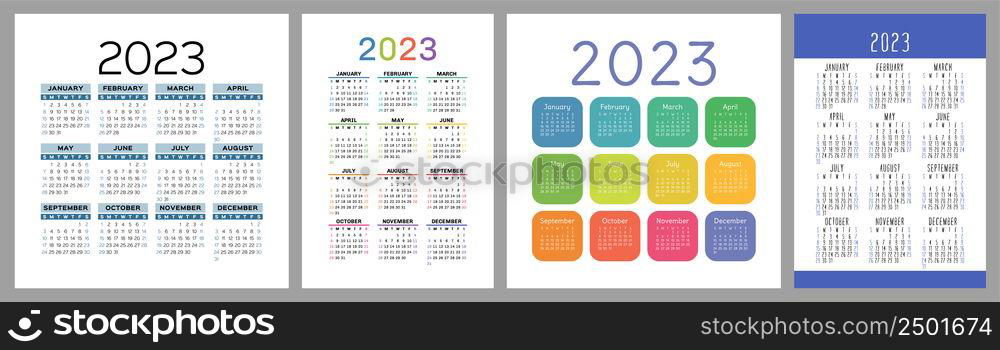 Calendar 2023 year set. Vector template collection. Ready design. Week ...