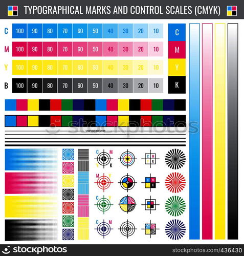 Calibration printing crop marks. CMYK color test vector document ...