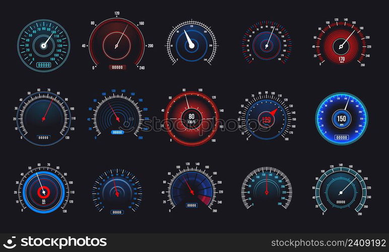 Car speedometers set. Speed measurement automobile indicator, futuristic display with counter ...
