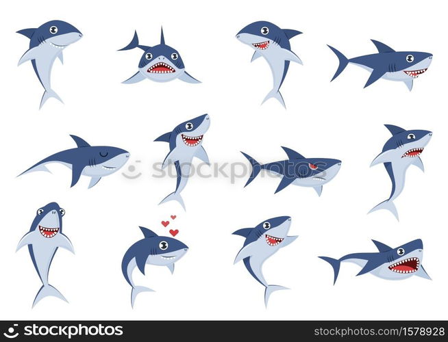 Cartoon cute sharks. Underwater characters with different emotions ...
