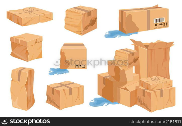 Cartoon damaged, torn and wet cardboard delivery boxes and piles ...