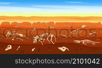 Cartoon dinosaur fossils in ground, buried dinosaurs skeleton ...