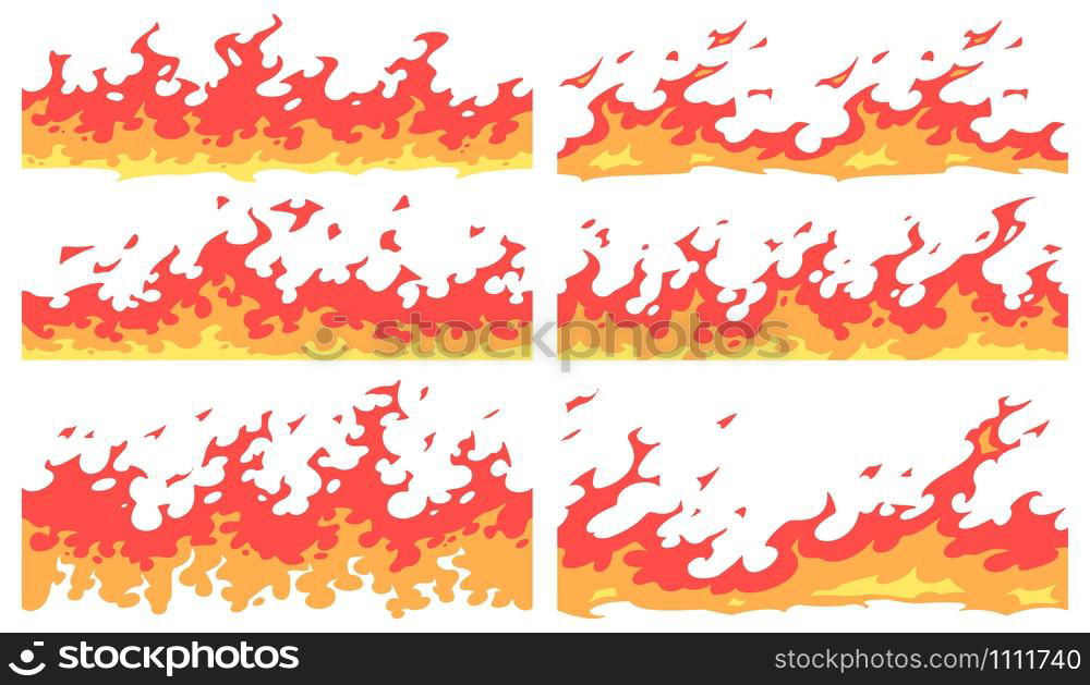 Cartoon fire border. Flame divider, bright fire flames borders and ...