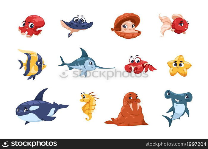 Cartoon fish characters. Cute underwater animal mascots, big eyes and ...