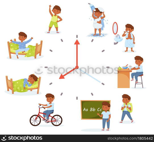 Cartoon little school boy activities, child daily routine. Children ...