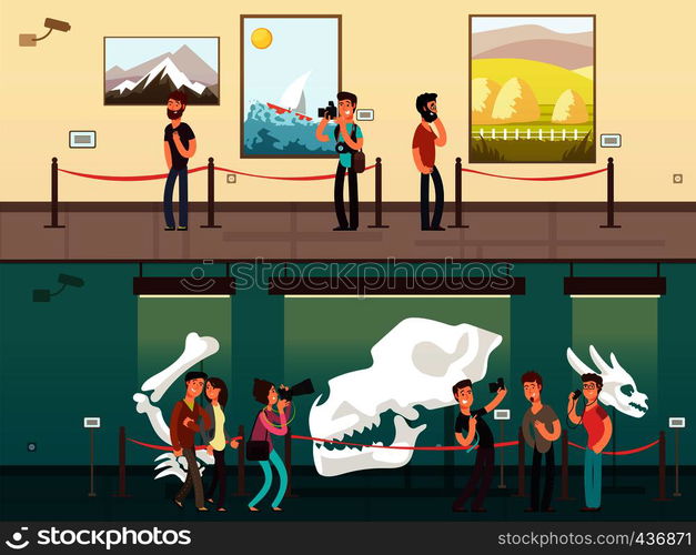 Cartoon museum gallery exhibition with painting, science exhibits and ...