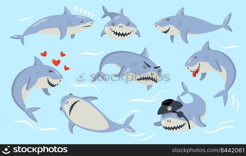 Cartoon shark different emotions set. Cute predatory baby fish getting ...