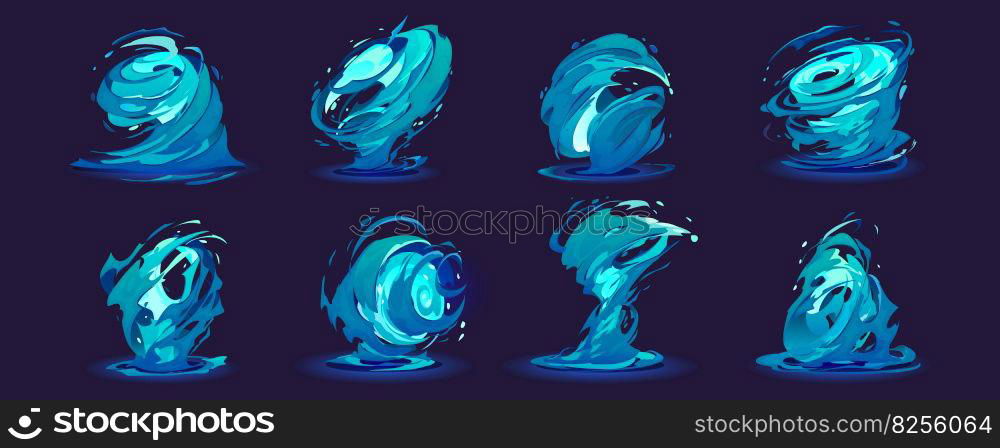Cartoon sprite sheet of water tornado animation set on dark background ...