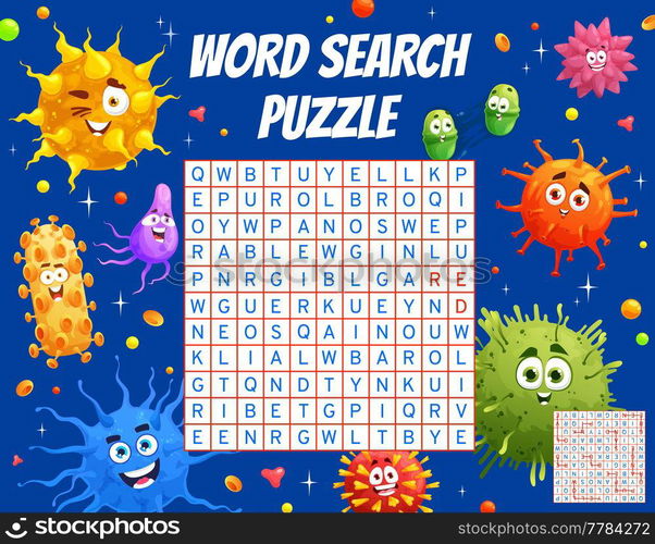 Cartoon viruses and germs, word search puzzle game worksheet, kids quiz ...