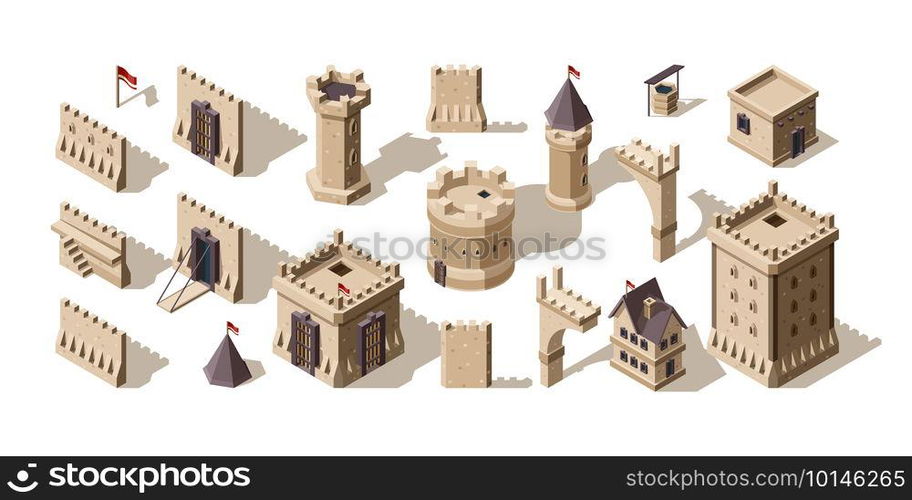 Castles isometric. Medieval buildings brick wall for low poly game ...