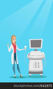 Caucasian operator of an ultrasound scanning machine analyzing the ...