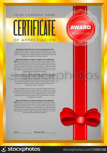 Certificate design in golden frame with red ribbon and bow. Certificate ...