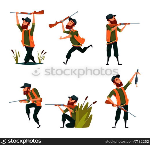 Characters of hunters. Vector cartoon illustrations of various hunter ...
