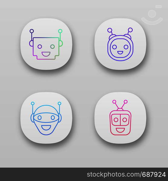 Robot emojis app icons set. Chatbot emoticons. Laughing, happy, angry, winky chat bot smileys ...