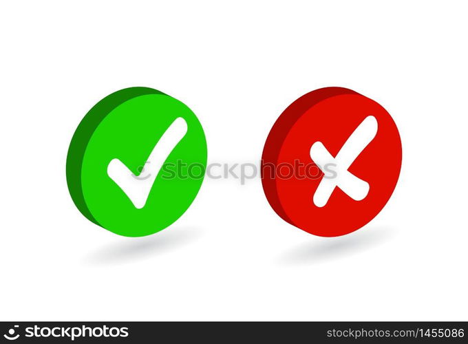 Check mark button icon set. Green tick and red cross flat simbol. Check ...