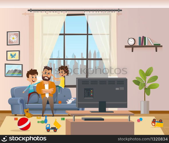 Children Messing Around Tired Annoyed Angry Father. Stress Man ...