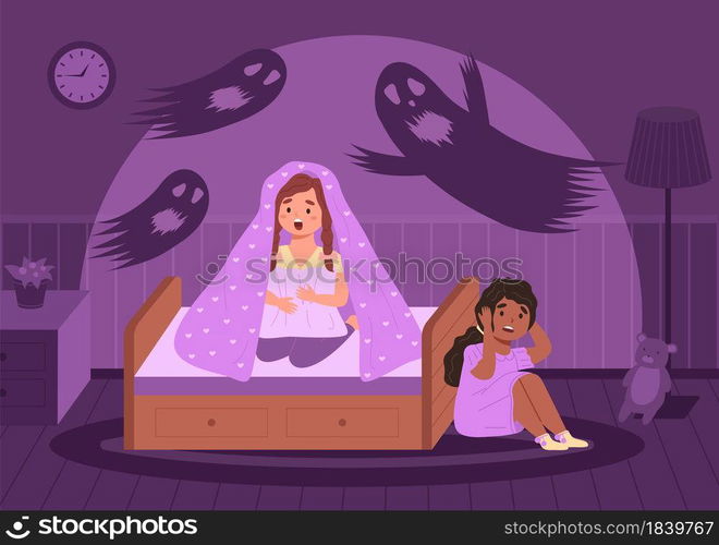 Children nightmares. Scared cute girls in dark room. Ghosts flying ...