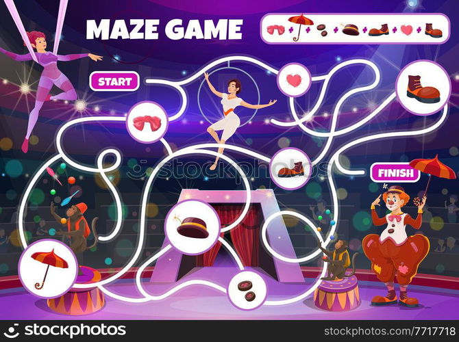 Circus maze game, vector labyrinth kids boardgame with big top artists ...