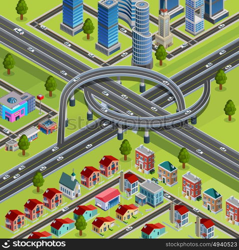 City Roads Junction Interchange Isometric Poster . Multilevel roads ...